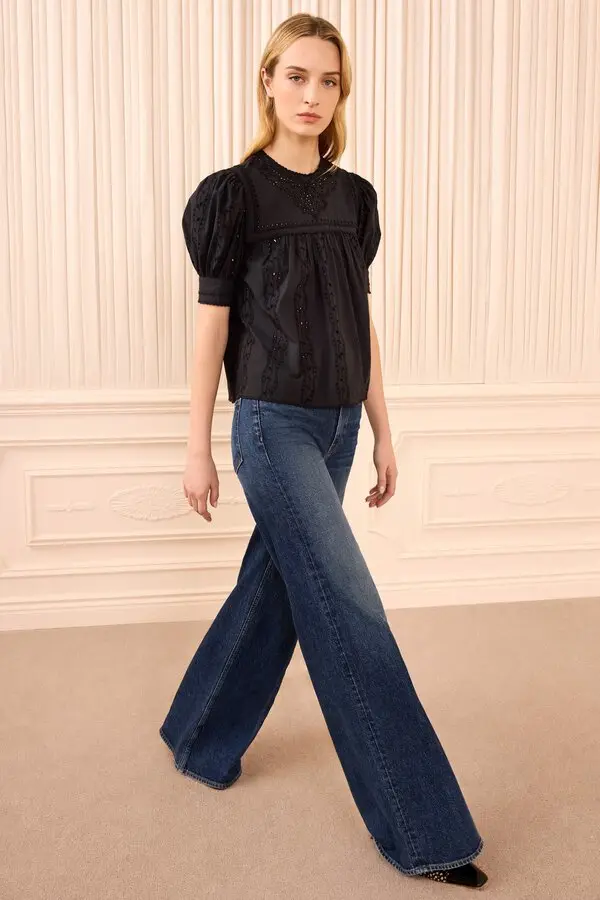 Ulla Johnson Short Sleeve Cotton Top With Puff Sleeves And Eyelet Embroidery