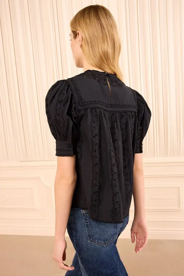 Ulla Johnson Short Sleeve Cotton Top With Puff Sleeves And Eyelet Embroidery