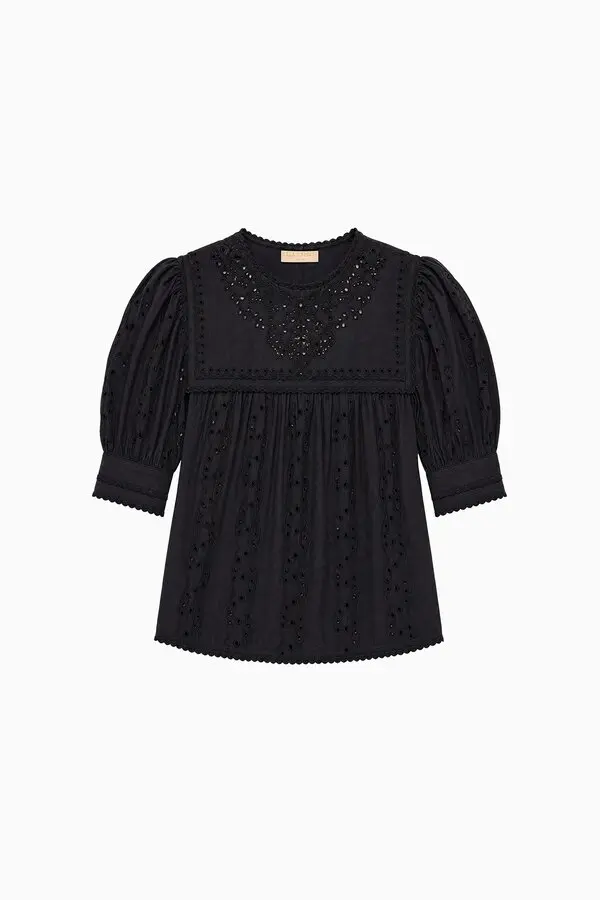 Ulla Johnson Short Sleeve Cotton Top With Puff Sleeves And Eyelet Embroidery