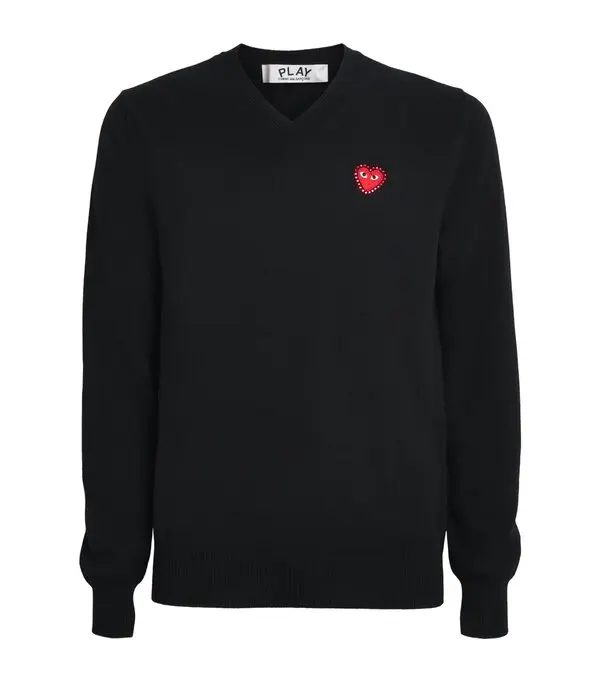 Play Comme Des Garcon Wool Rhinestone Heart V-neck Sweater - Black