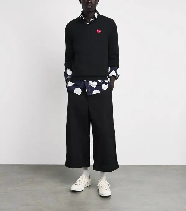 Play Comme Des Garcon Wool Rhinestone Heart V-neck Sweater