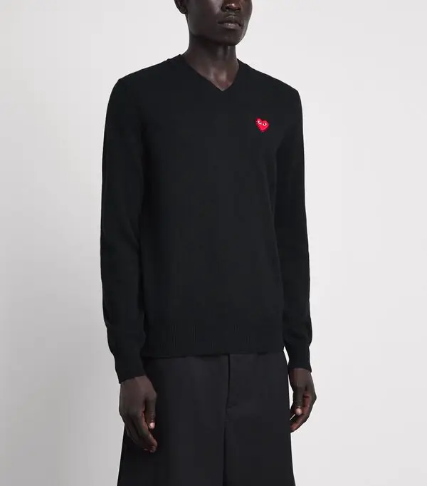 Play Comme Des Garcon Wool Rhinestone Heart V-neck Sweater