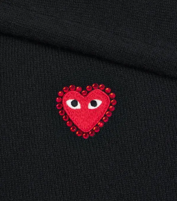 Play Comme Des Garcon Wool Rhinestone Heart V-neck Sweater