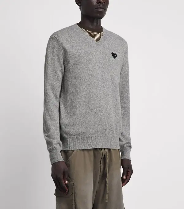 Play Comme Des Garcon Wool V-neck Rhinestone Heart Sweater