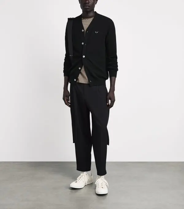 Play Comme Des Garcon Wool Rhinestone Heart Cardigan