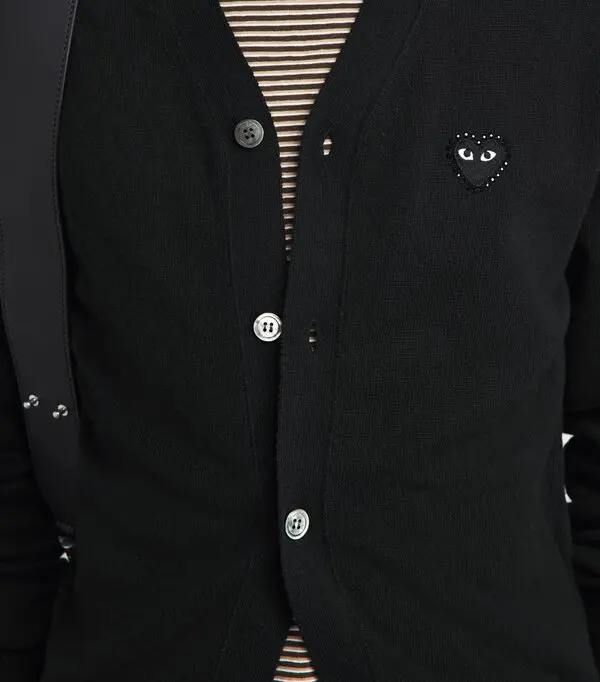 Play Comme Des Garcon Wool Rhinestone Heart Cardigan