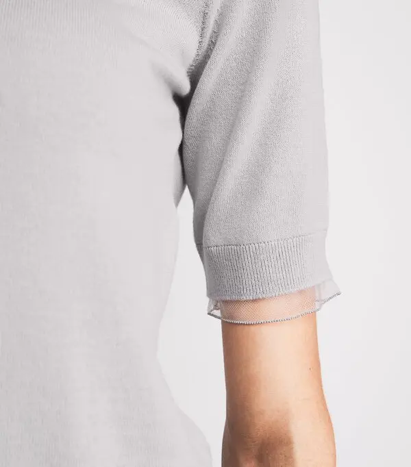 Fabiana Filippi Virgin Wool-cotton T-shirt With Tulle Cuffs - Grey
