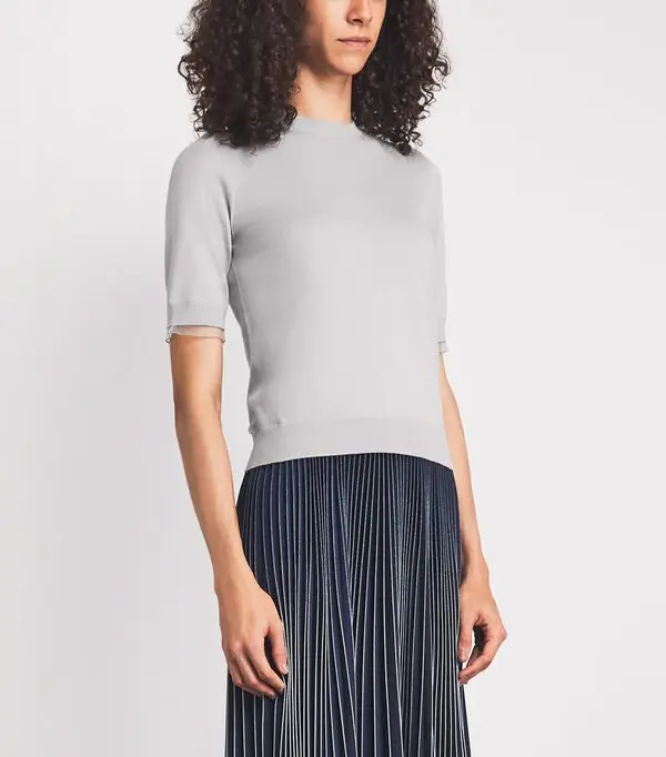 Fabiana Filippi Virgin Wool-cotton T-shirt With Tulle Cuffs - Grey