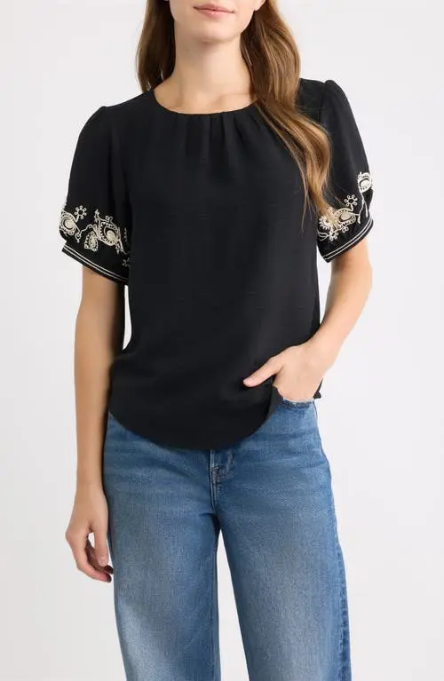 Bobeau Embroidered Sleeve Peasant Top - Black/cream