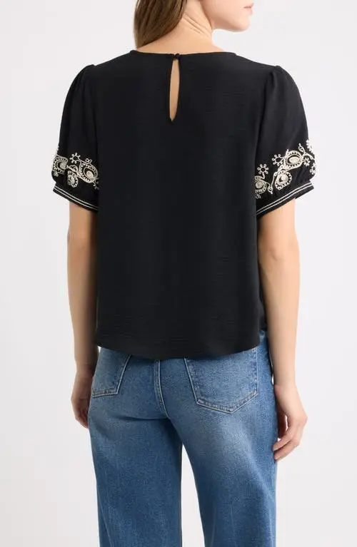 Bobeau Embroidered Sleeve Peasant Top