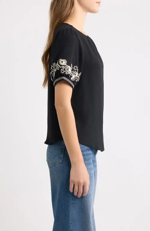 Bobeau Embroidered Sleeve Peasant Top