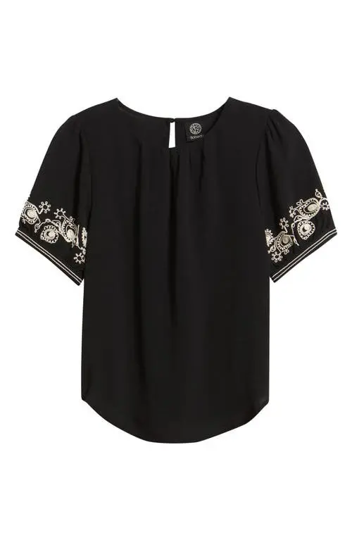 Bobeau Embroidered Sleeve Peasant Top