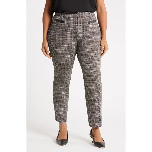 LIVERPOOL Faux Leather Trim Checkered Tapered Pants - Black Tan Checkered