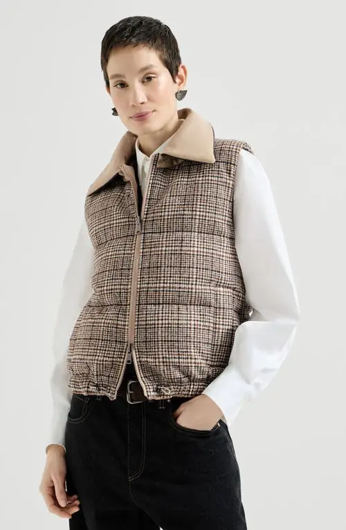 Brunello Cucinelli Twill And Prince Of Wales Reversible Down Vest With Detchable Leather Collar And Monili - Camel
