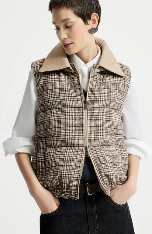 Brunello Cucinelli Reversible Down Vest With Detachable Leather Collar And Monili - Camel