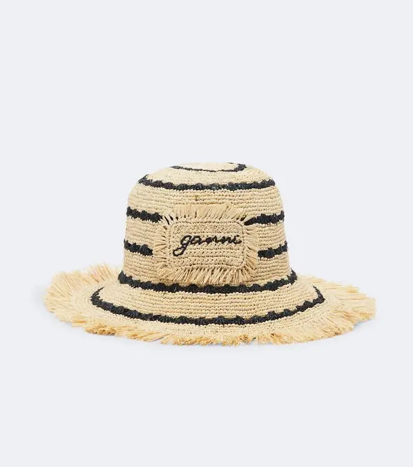 GANNI Striped Raffia Bucket Hat - Beige