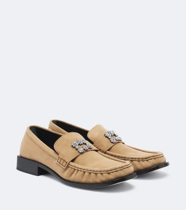 ROGER VIVIER Viv Moc Embellished Suede Loafers - Beige