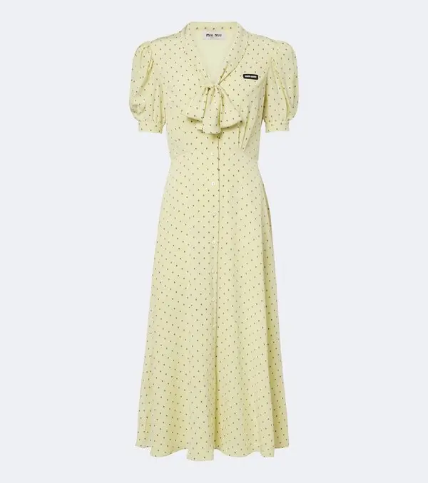 Miu Miu Polka-dot Tie-neck Silk Midi Dress - Yellow