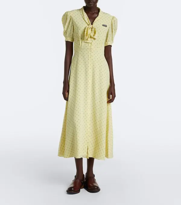 Miu Miu Polka-dot Tie-neck Silk Midi Dress