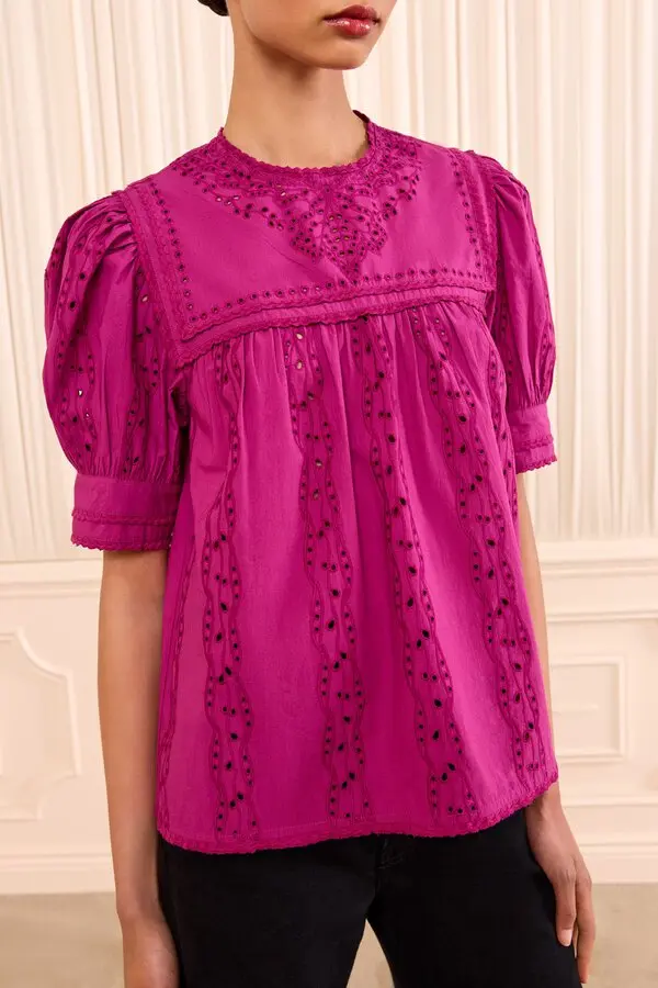 Ulla Johnson Una Short Sleeve Cotton Top With Puff Sleeves And Eyelet Embroidery