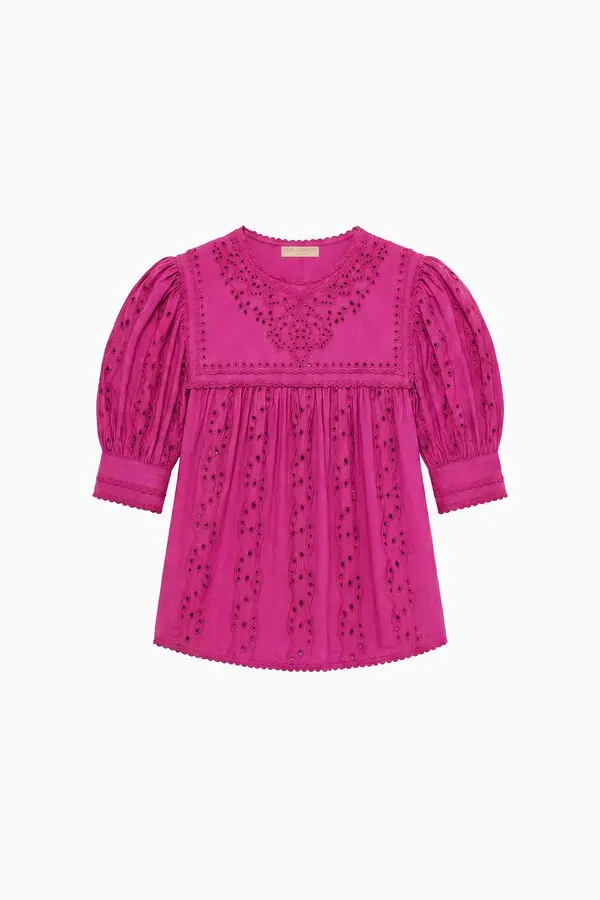 Ulla Johnson Una Short Sleeve Cotton Top With Puff Sleeves And Eyelet Embroidery