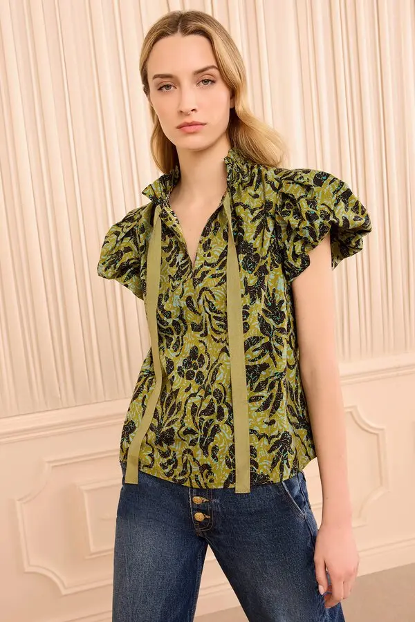 Ulla Johnson Estela Short Sleeve Cotton Top With Bubble Sleeves And Ruffle Collar - Chartreuse