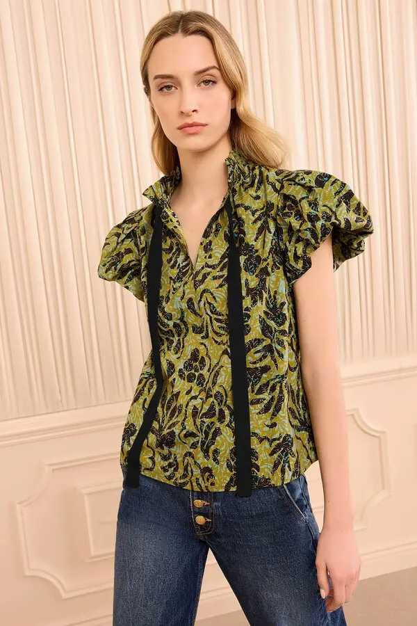 Ulla Johnson Estela Short Sleeve Cotton Top With Bubble Sleeves And Ruffle Collar - Chartreuse