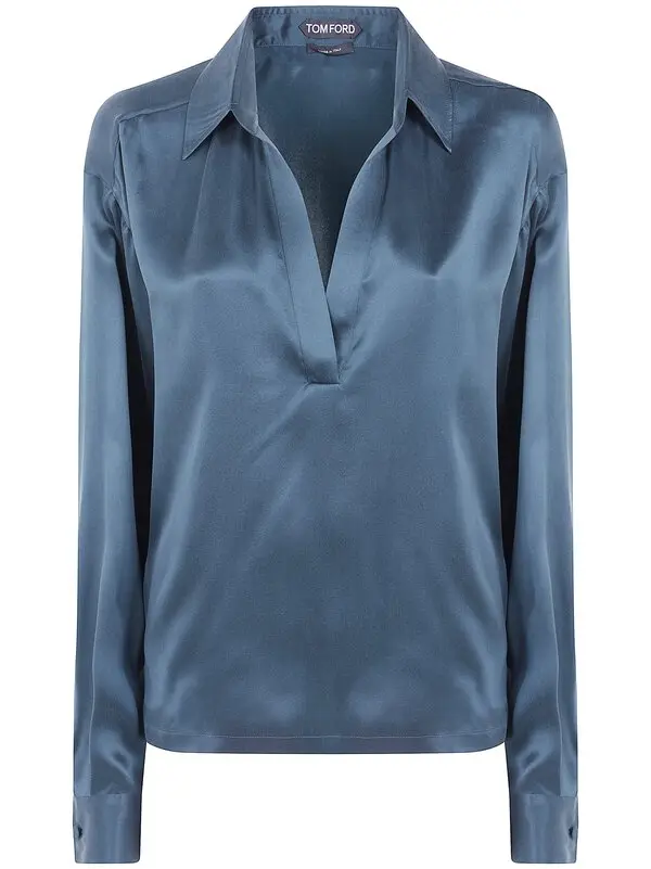 TOM FORD Polo Shirt Silk 100% "peach Feel Silk Satine - Blue
