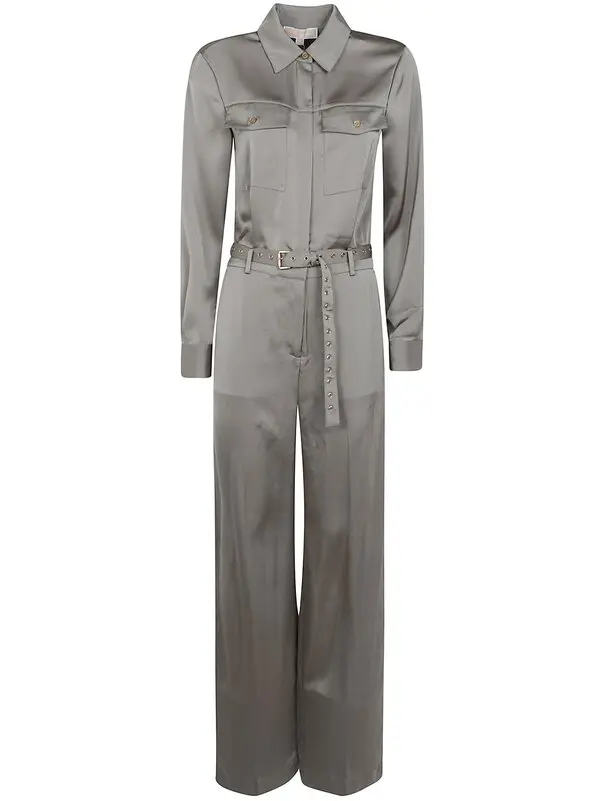 Michael Kors Satin Long Sleeve Belted Jumpsuit - Green