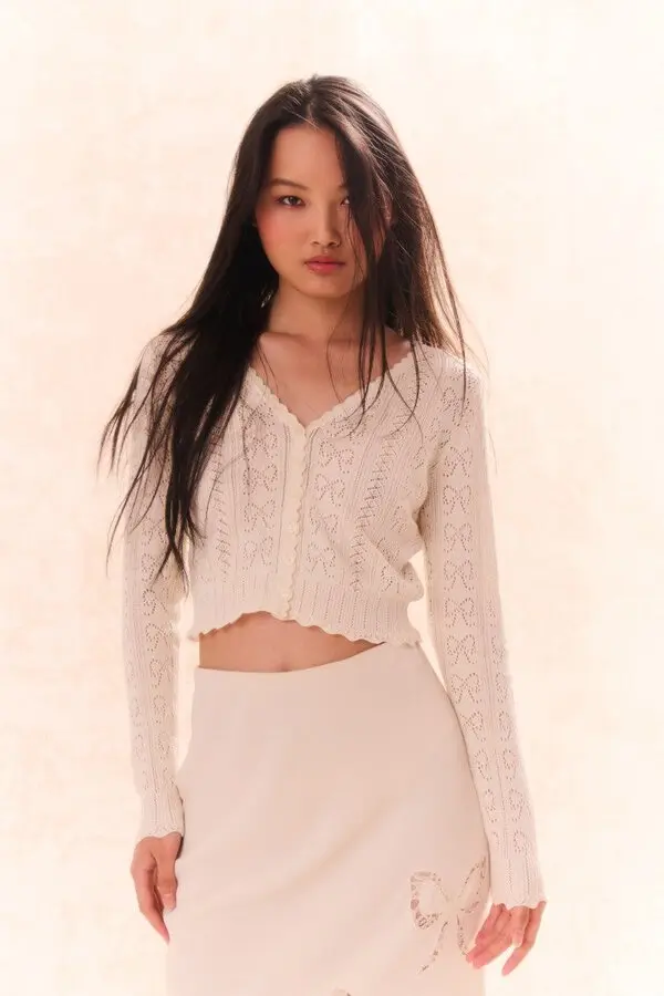 LoveShackFancy Petra Bow Pointelle Cardigan - Ivory