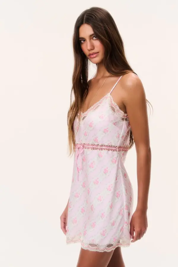 LoveShackFancy Nicoli Floral Satin Mini Slip Dress - Eucalyptus