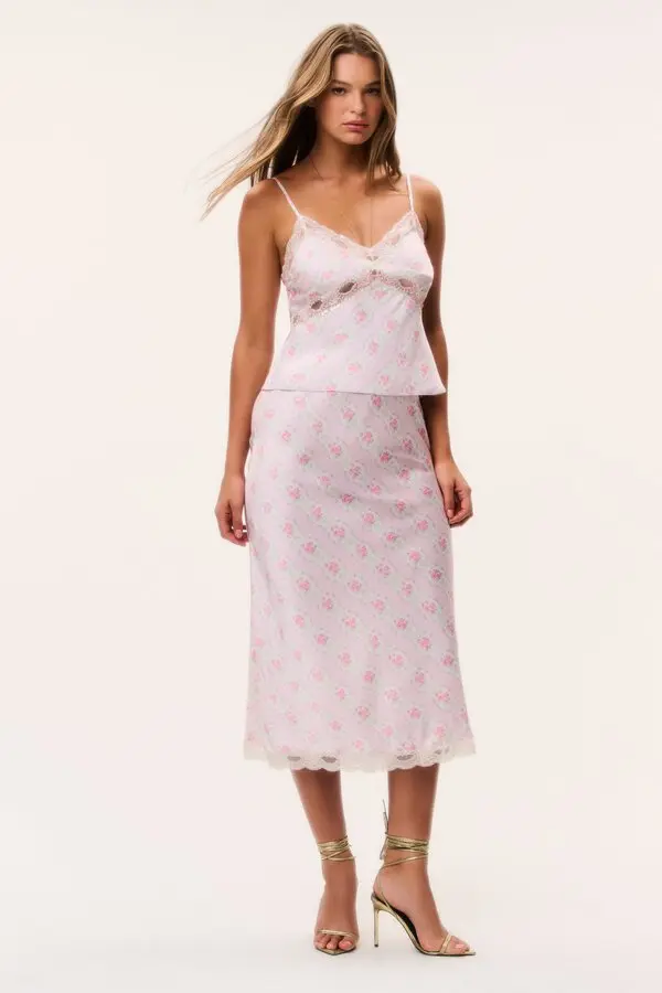 LoveShackFancy Castle Floral Satin Maxi Skirt - Eucalyptus