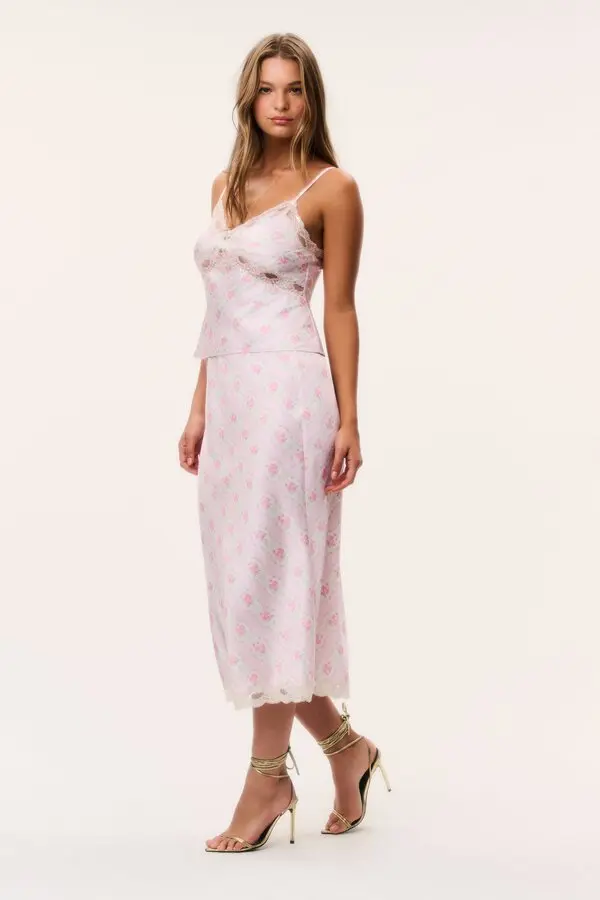 LoveShackFancy Castle Floral Satin Maxi Skirt - Eucalyptus