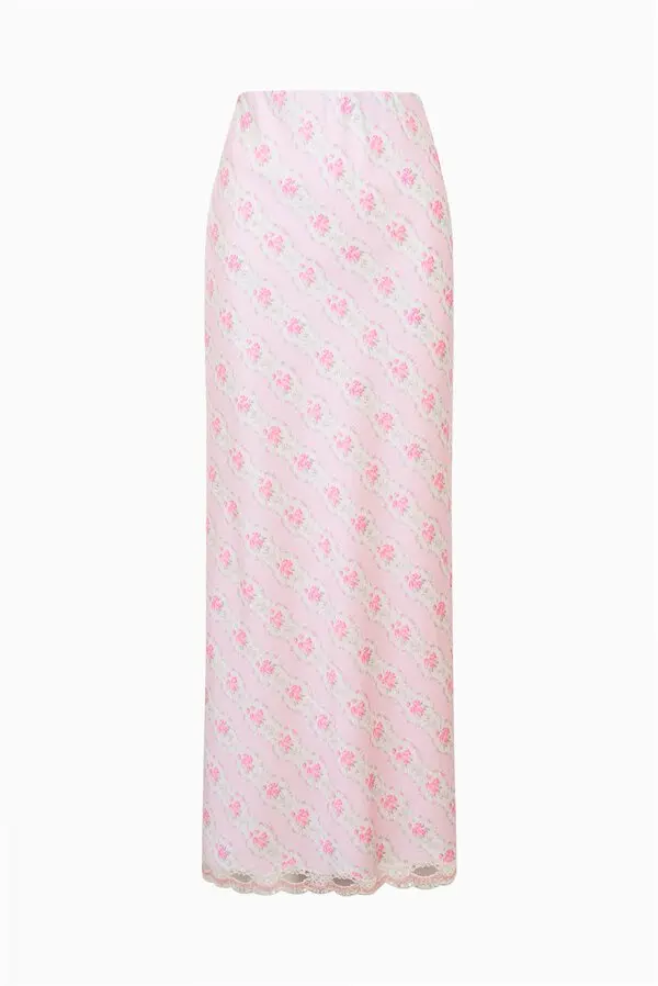 LoveShackFancy Castle Floral Satin Maxi Skirt - Eucalyptus