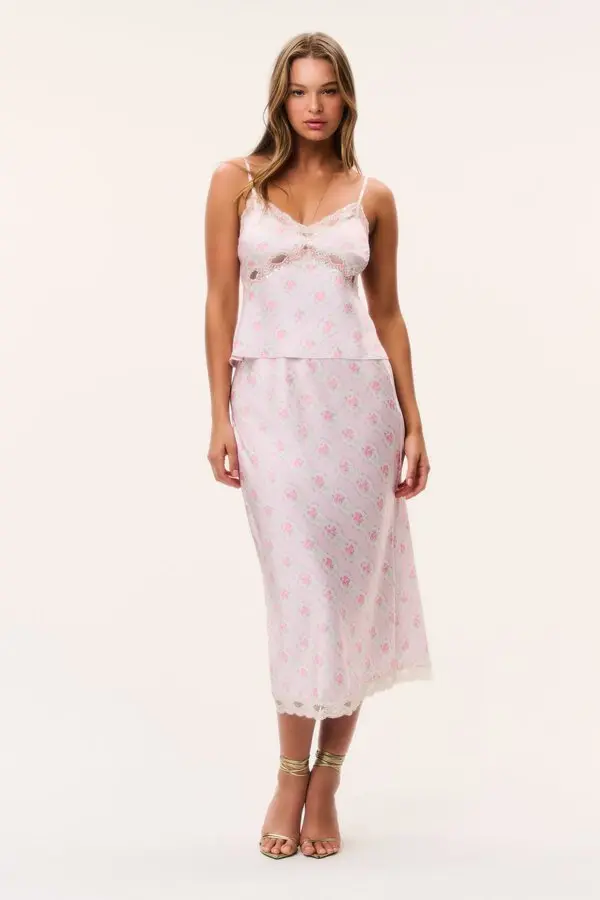 LoveShackFancy Castle Floral Satin Midi Skirt With Lace Trim - Eucalyptus