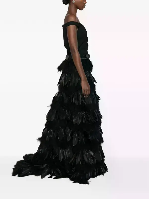 VESTIAIRE D'UN OISEAU LIBRE Feather-embellished Maxi Skirt - Black