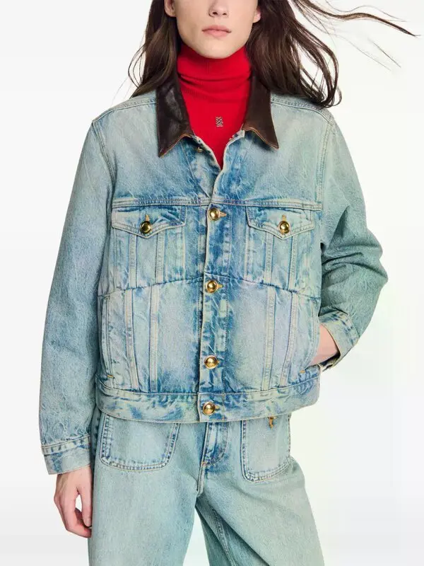 Sandro Leather-collar Button-up Denim Jacket