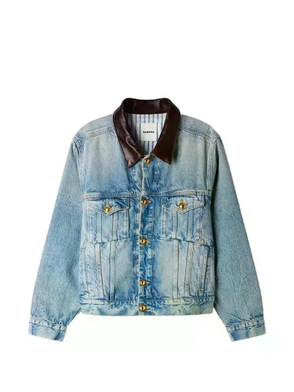 Sandro Leather-collar Button-up Denim Jacket - Blue