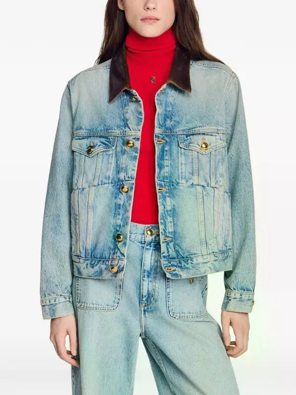 Sandro Leather-collar Button-up Denim Jacket - Blue