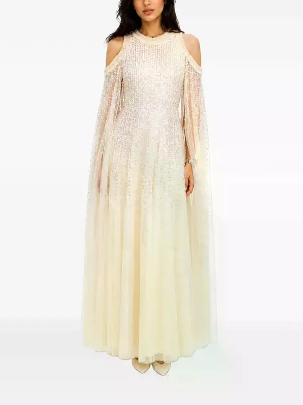 NEEDLE & THREAD Moonlight Sequin-embellished Cape-sleeve Maxi Dress - Neutrals