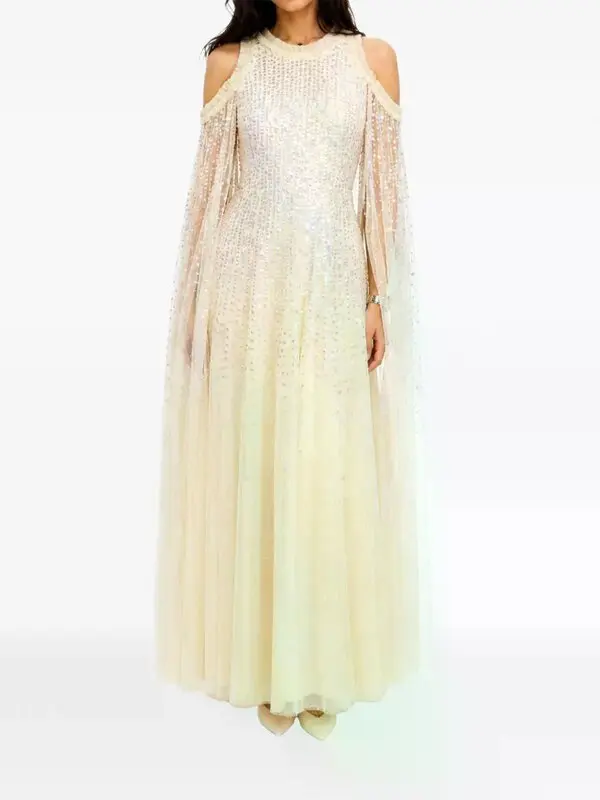 NEEDLE & THREAD Moonlight Sequin-embellished Cape-sleeve Maxi Dress - Neutrals