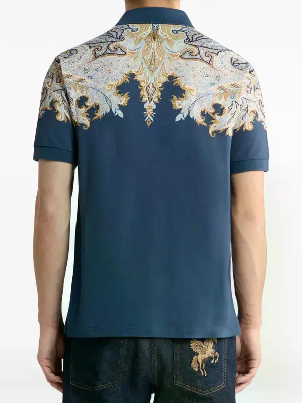 Etro Cotton Pique Polo Shirt With Placed Print - Blue