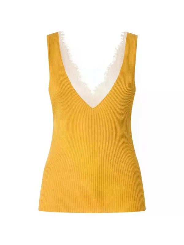 Pinko Lace-trimmed Ribbed V-neck Sleeveless Top