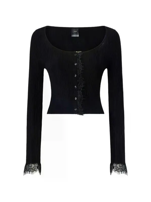 Pinko Cropped Cardigan In Silk And Cashmere Blend With Lace - Black