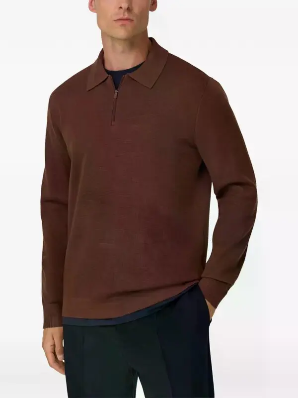 Boggi Milano Knitted Polo Shirt Quarter-zip Wool Blend Wooltech - Brown