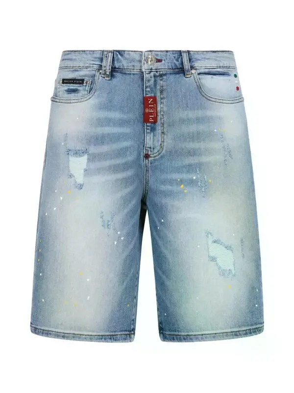 Philipp Plein Paint-splatter Distressed-effect Shorts - Blue