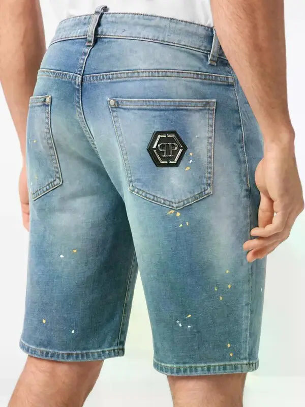 Philipp Plein Distressed Paint Splatter Denim Shorts