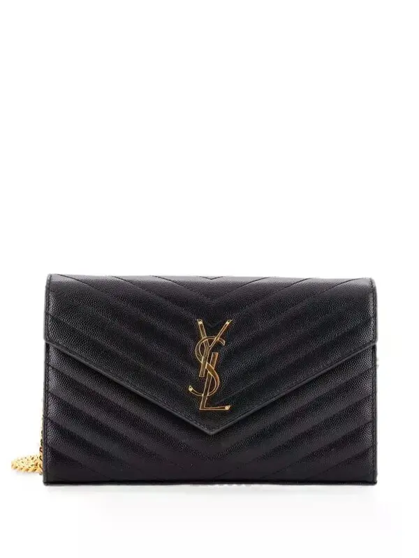 Saint Laurent Classic Monogram Wallet On Chain Matelasse Chevron Leather Medium Crossbody Bag - Black