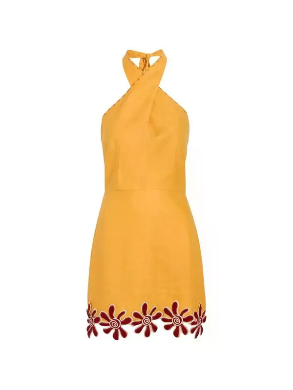 CALA DE LA CRUZ Linen Floral-appliqué Halterneck Mini Dress - Yellow