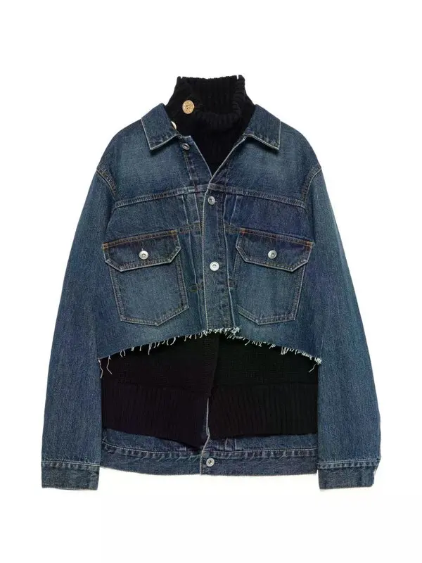 Sacai Raw-cut Knit-panelled Denim Jacket
